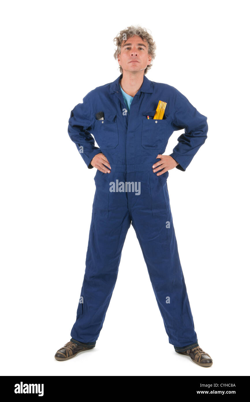 Handsome handyman in blue overall ready for the job Stock Photo - Alamy