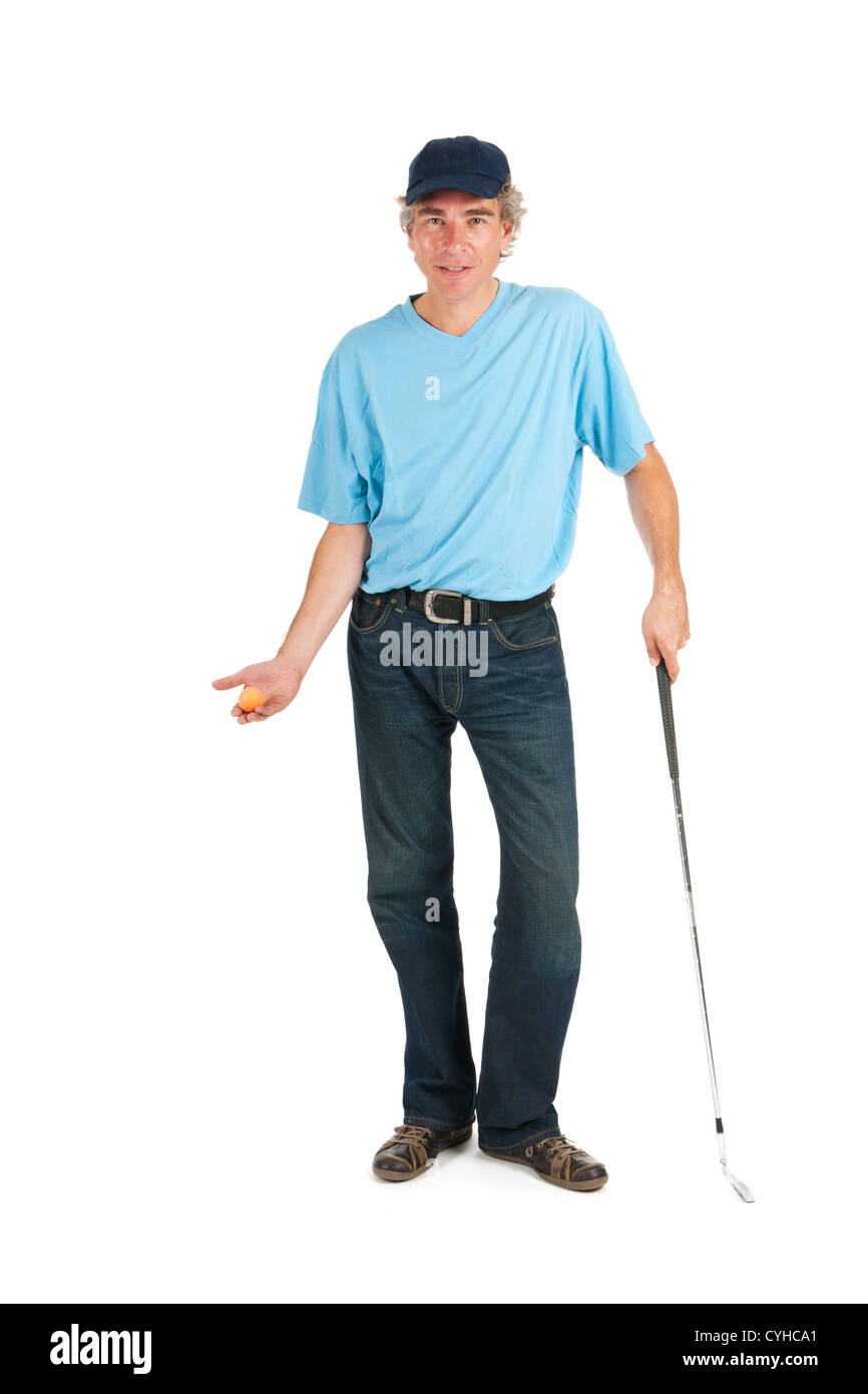 Handsome man playing golf standing in studio isolated on white ...