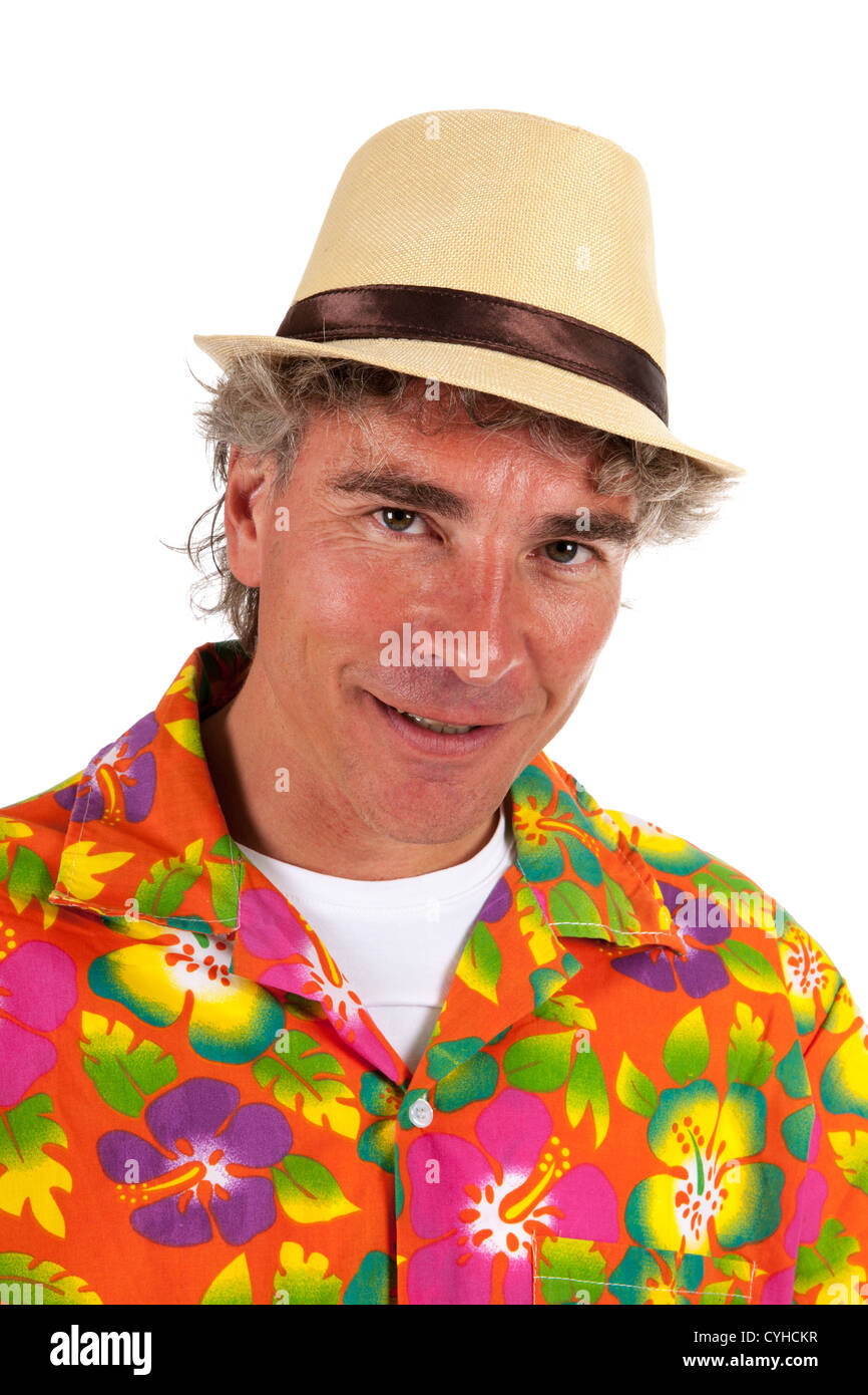Portrait of typical tourist with colorful shirt and straw hat Stock ...