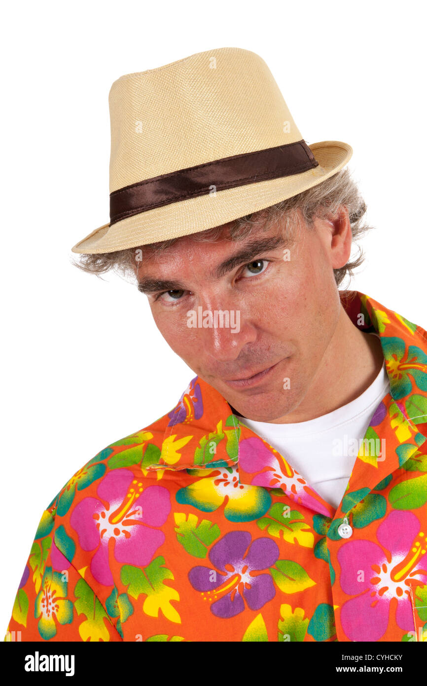 Portrait of typical tourist with colorful shirt and straw hat Stock ...