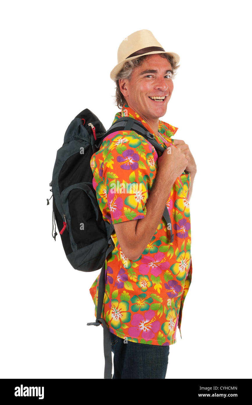 Typical tourist with backpack walking in studio Stock Photo - Alamy