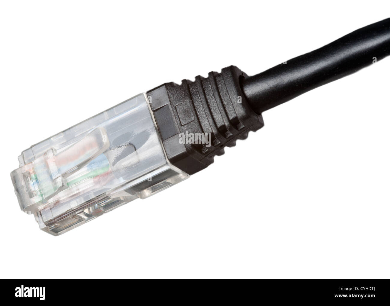 Lan cable, cable with RJ-45 jack closeup view with white background ...