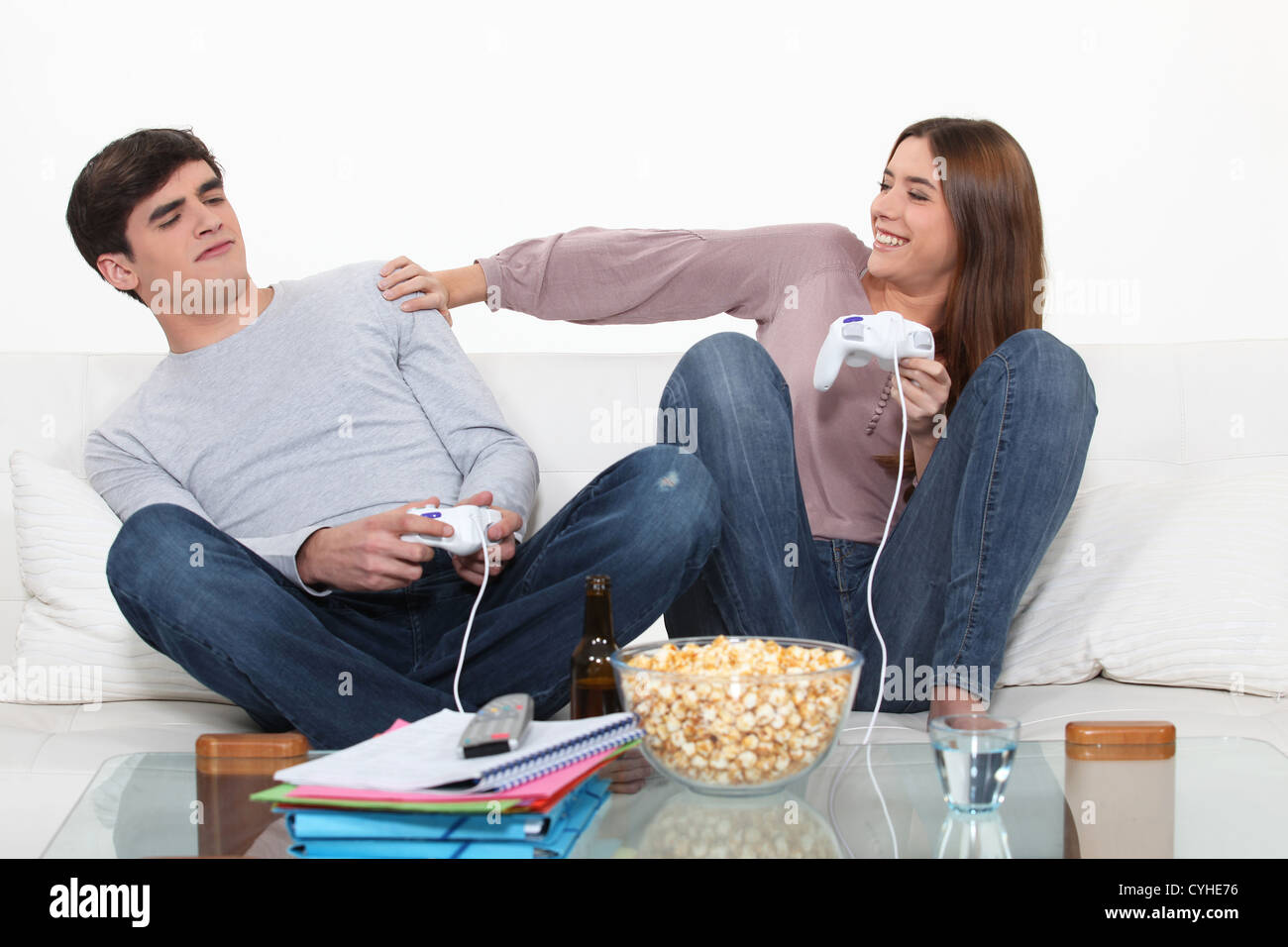 Students playing video game Stock Photo - Alamy