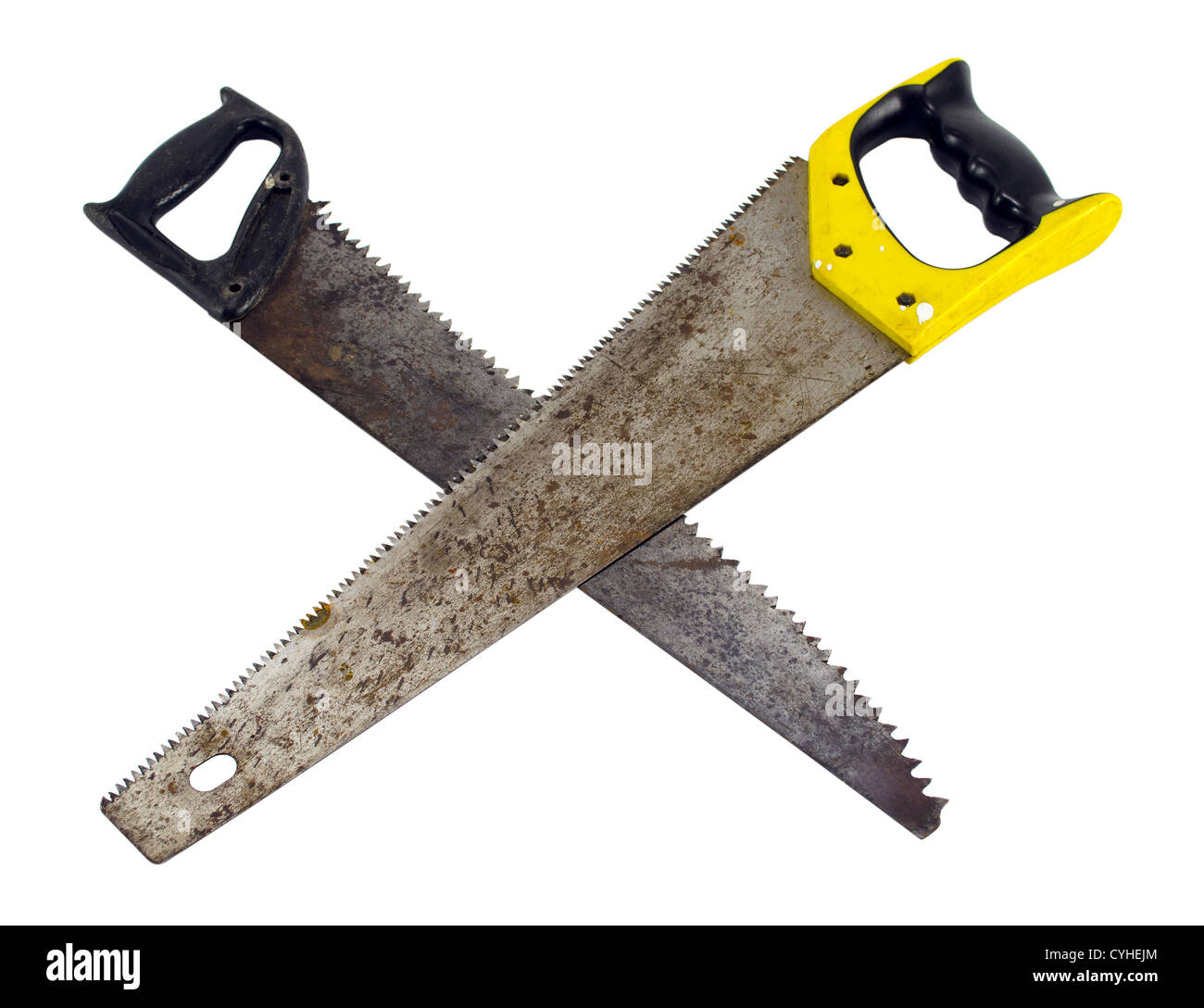 two crossed hand-saw hand saw wood cut tools isolated over white Stock ...