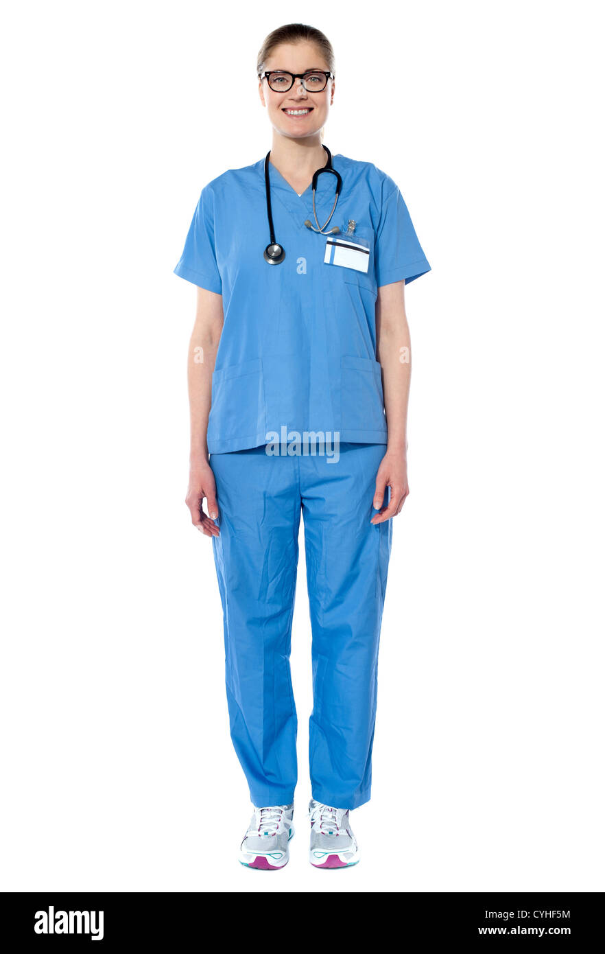 Portrait of happy successful female doctor isolated over white Stock ...