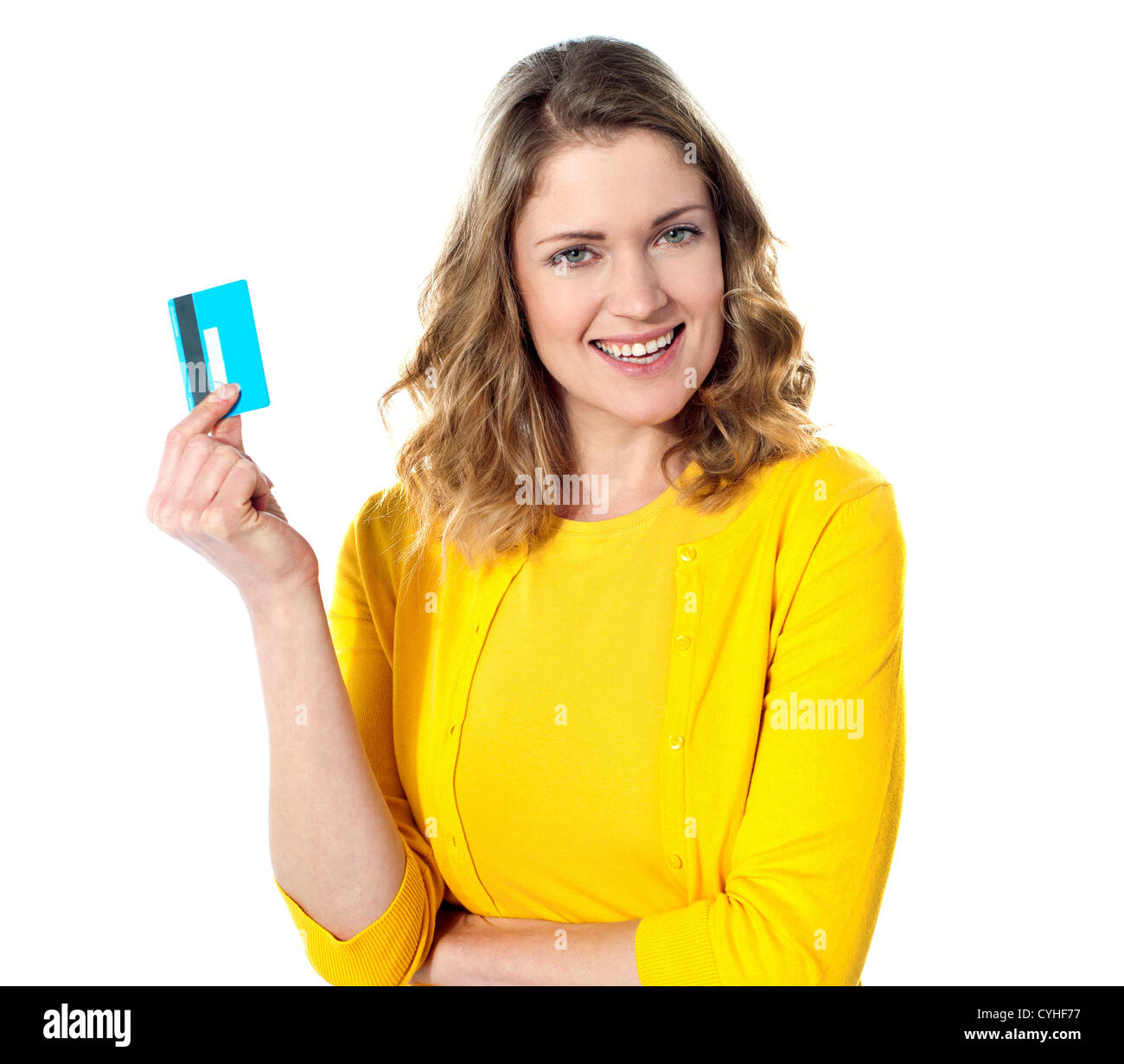 Beautiful american lady ready to shop. Holding credit card Stock Photo ...
