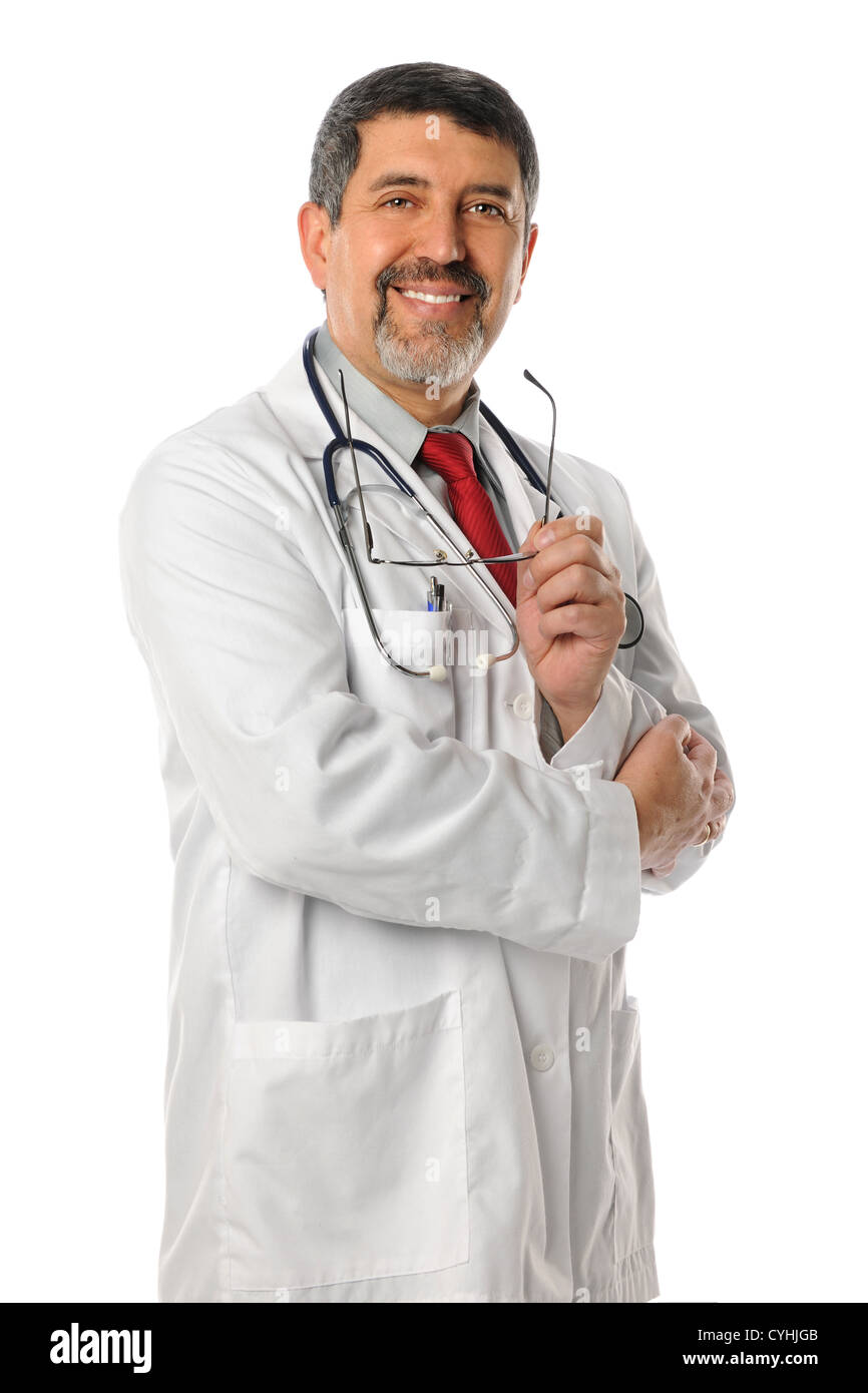 Portrait of Hispanic doctor smiling isolated over white background ...