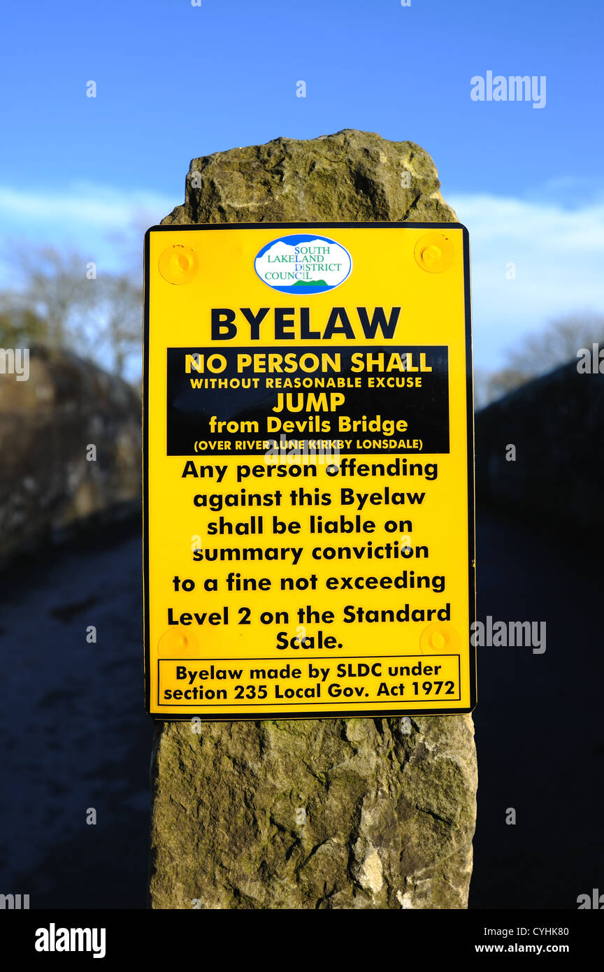 Byelaw sign on Devils bridge, Kirkby Lonsdale Stock Photo - Alamy