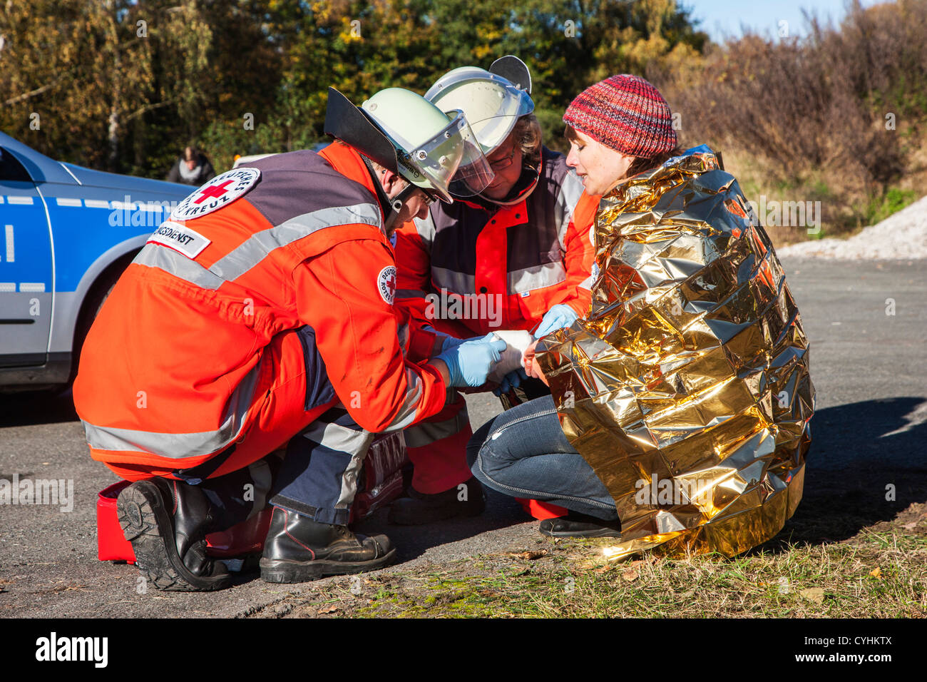 Car crash accident exercise of rescue teams, Red Cross, fire brigade ...