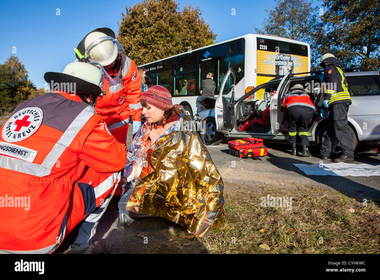 Car crash accident exercise of rescue teams, Red Cross, fire brigade ...