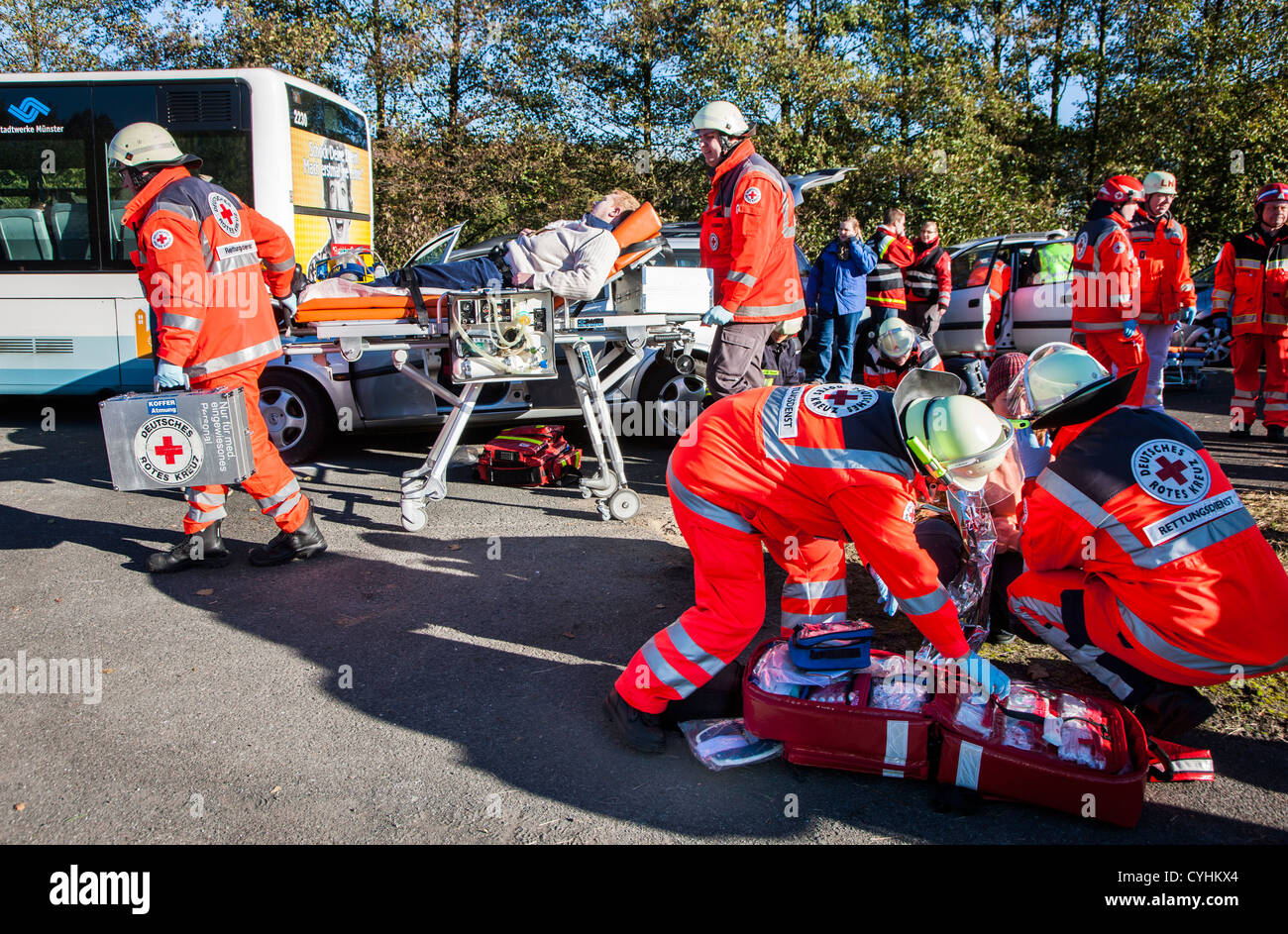 Car crash accident exercise of rescue teams, Red Cross, fire brigade ...