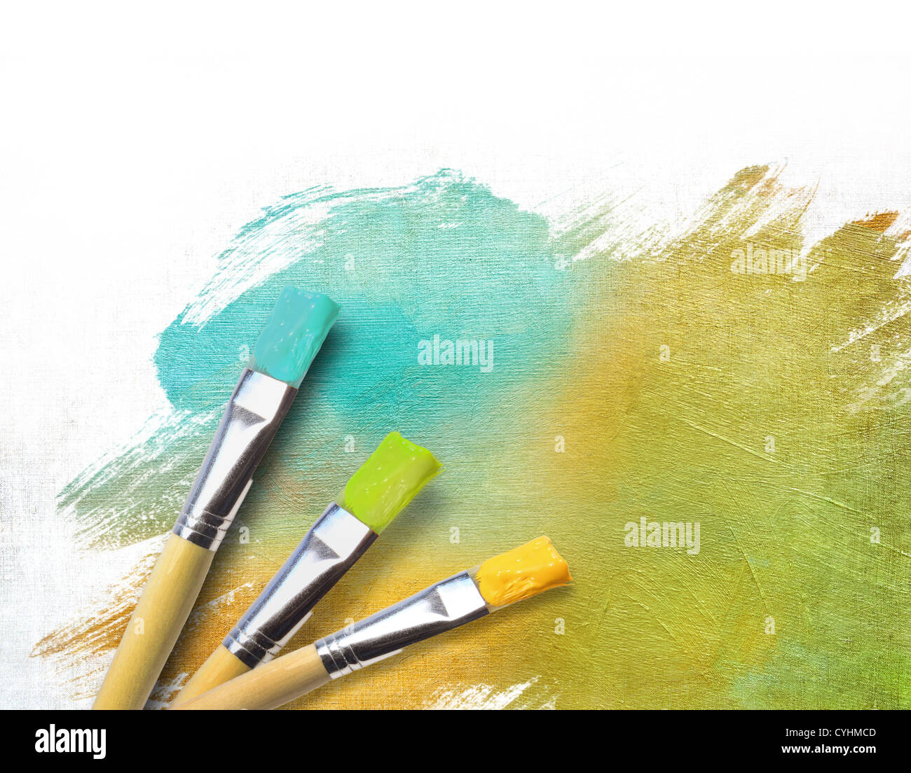 Artist brushes with a half finished painted color canvas Stock Photo ...