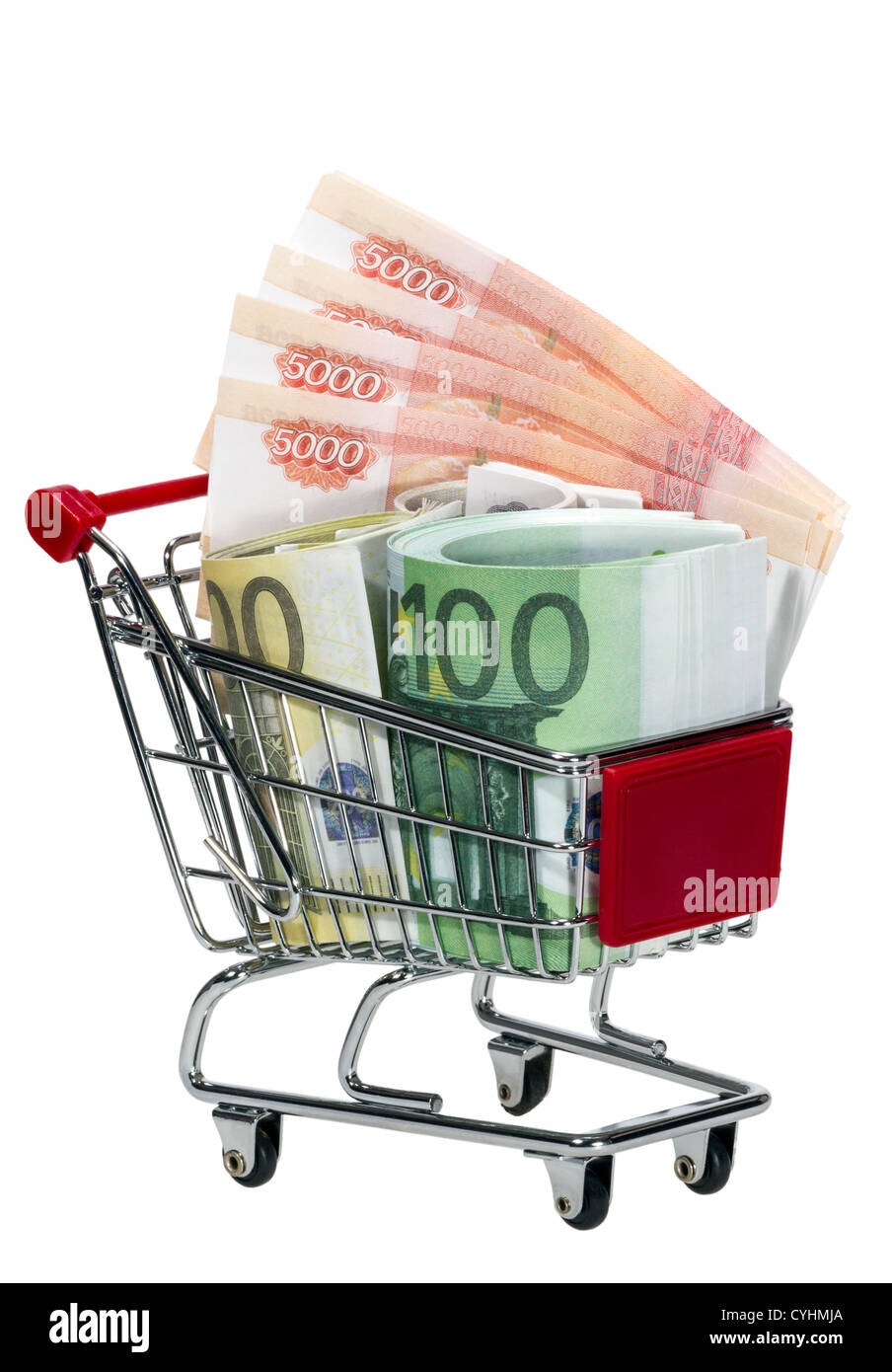 Shopping Cart with money isolated on white background Stock Photo - Alamy