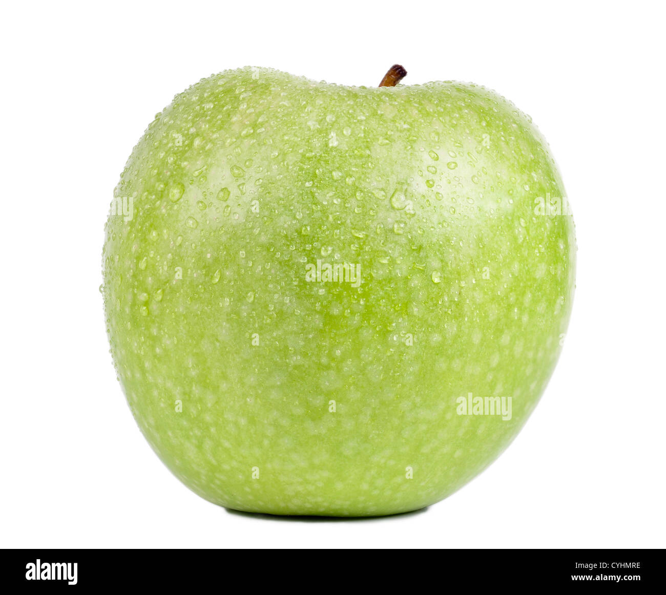 Isolated frontal shot of a fresh green apple with stem and drops of ...