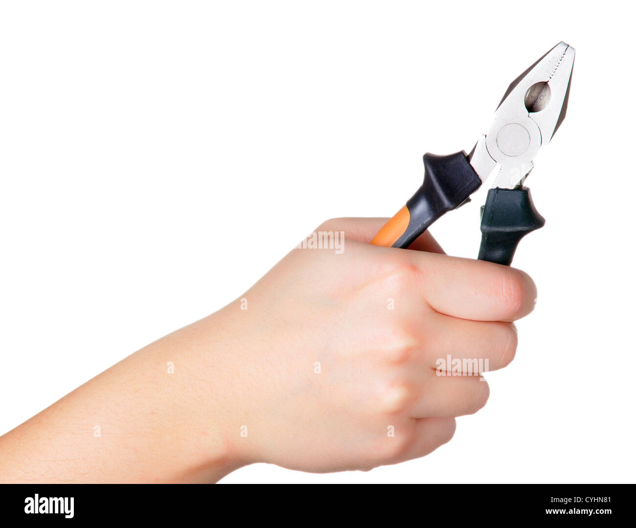 Hand holding pliers on a white background Stock Photo - Alamy