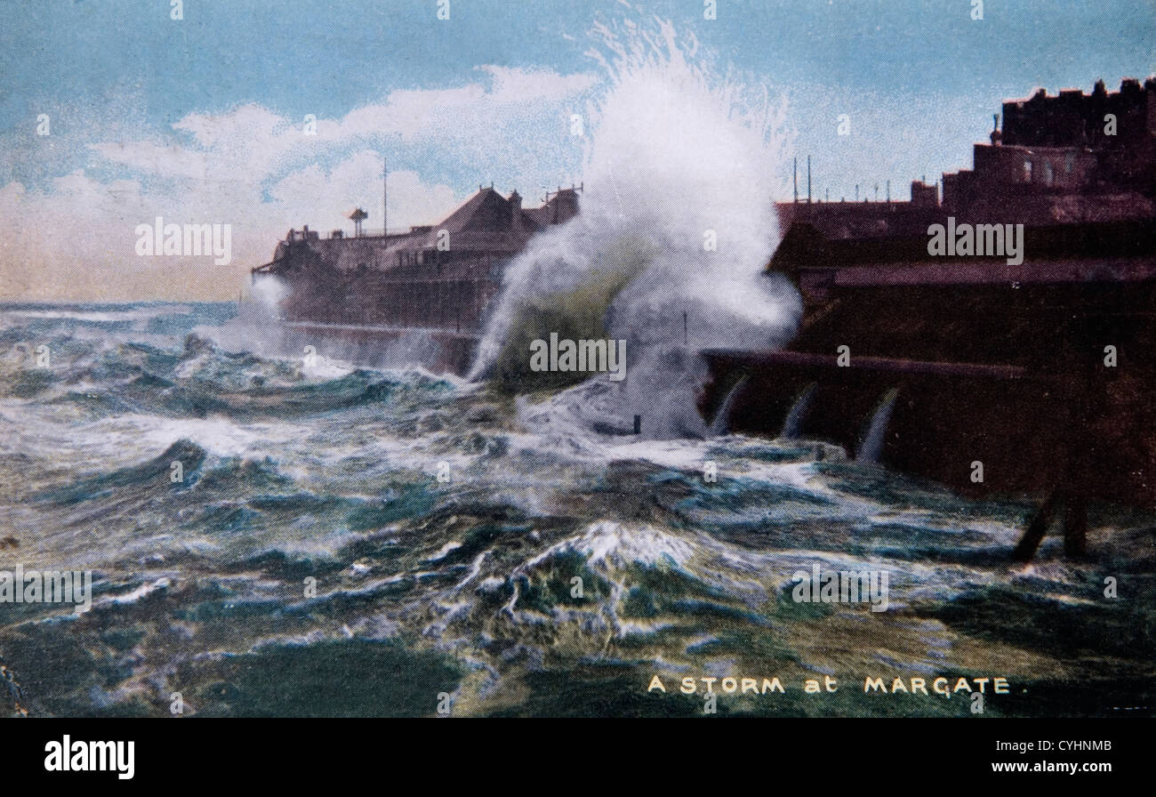 Margate Kent 1900s Uk. Edwardian hand tinted postcard. Stormy weather ...