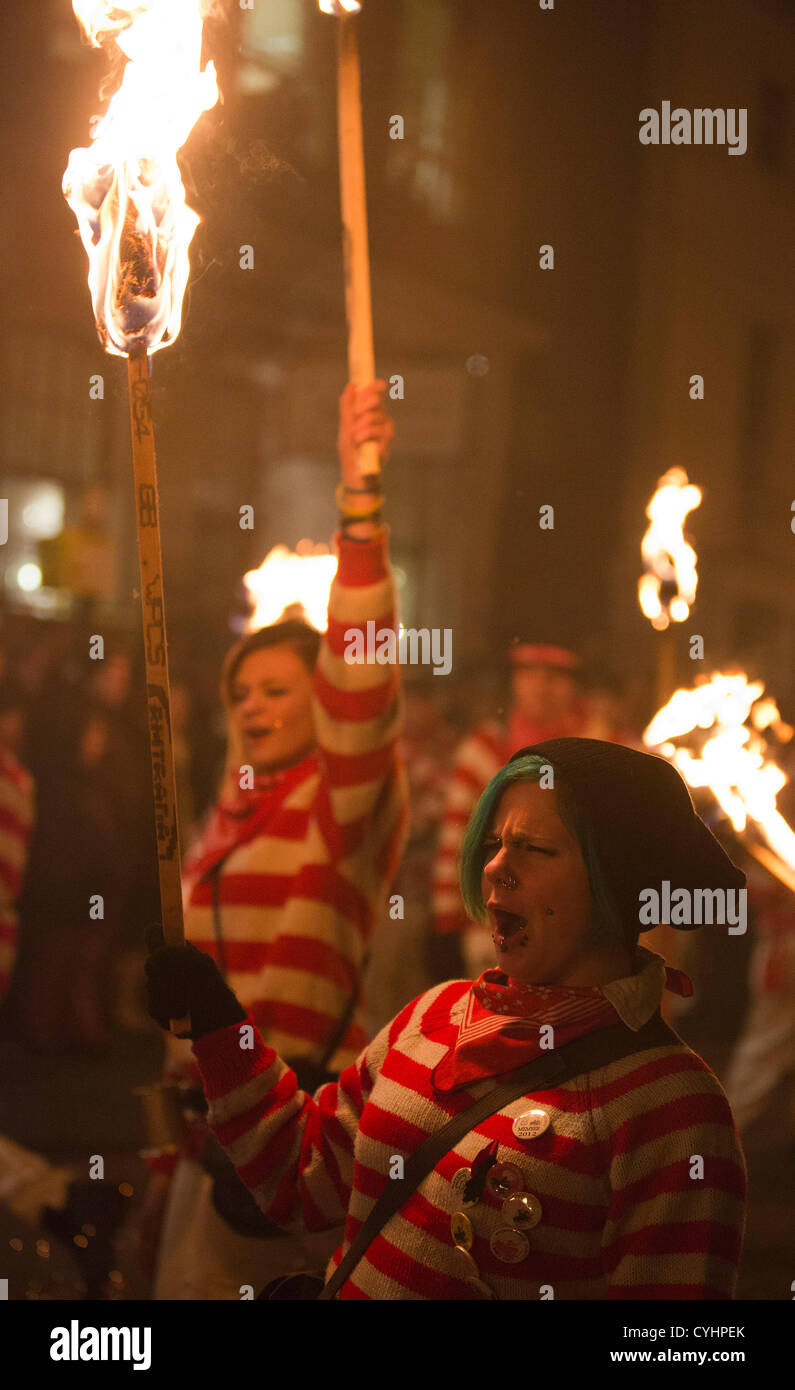 Lewes bonfire societies parade down the High Street of Lewes in East ...