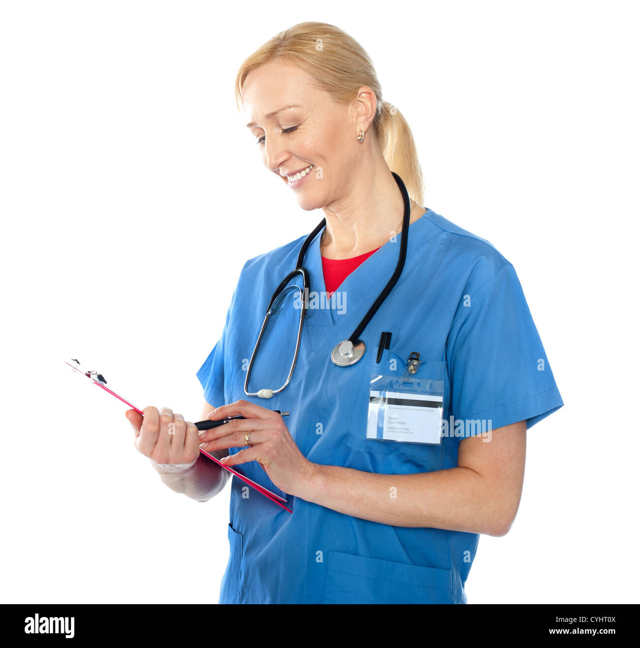 Senior female doctor writing report isolated against white background ...