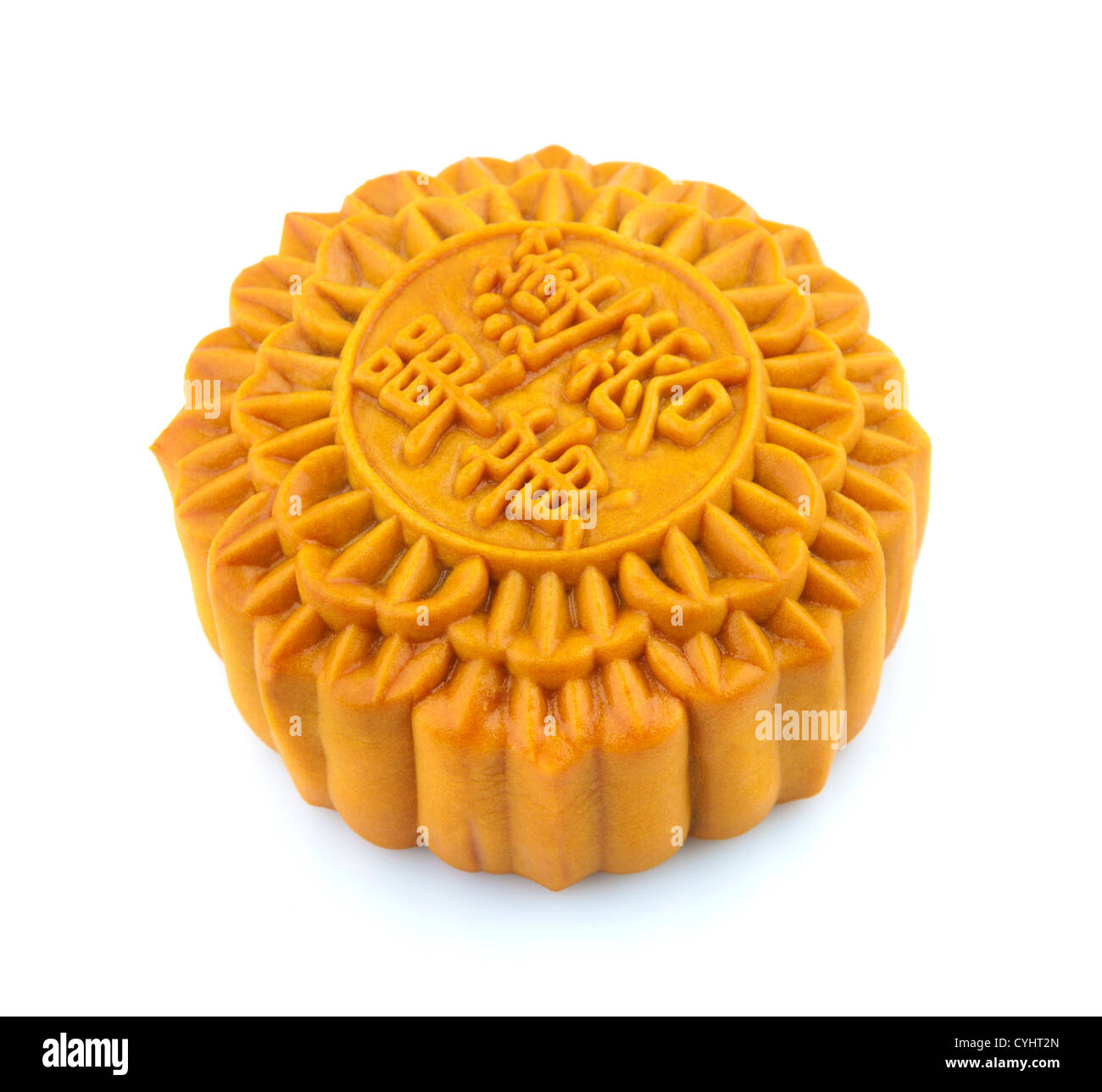 Chinese Mooncake isolated over white background. Chinese words on the ...