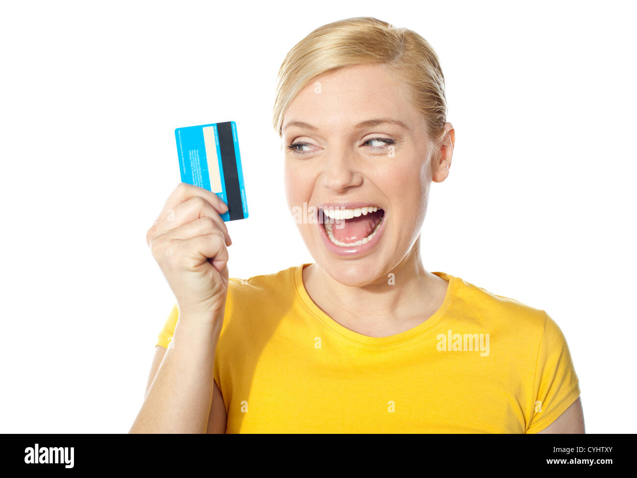 Excited young girl holding debit-card isolated over white background ...