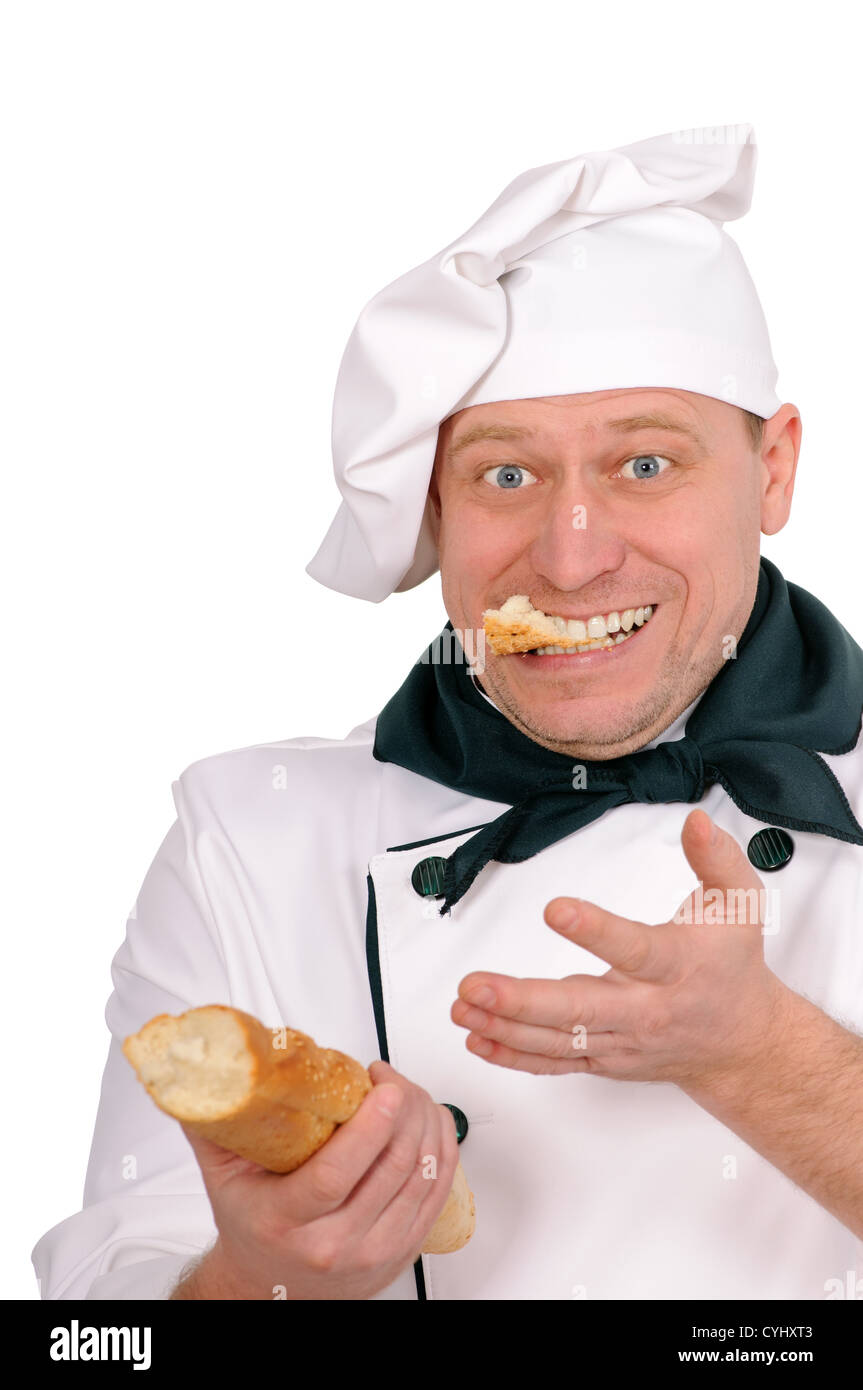funny chef eating loaf isolated on white background Stock Photo - Alamy