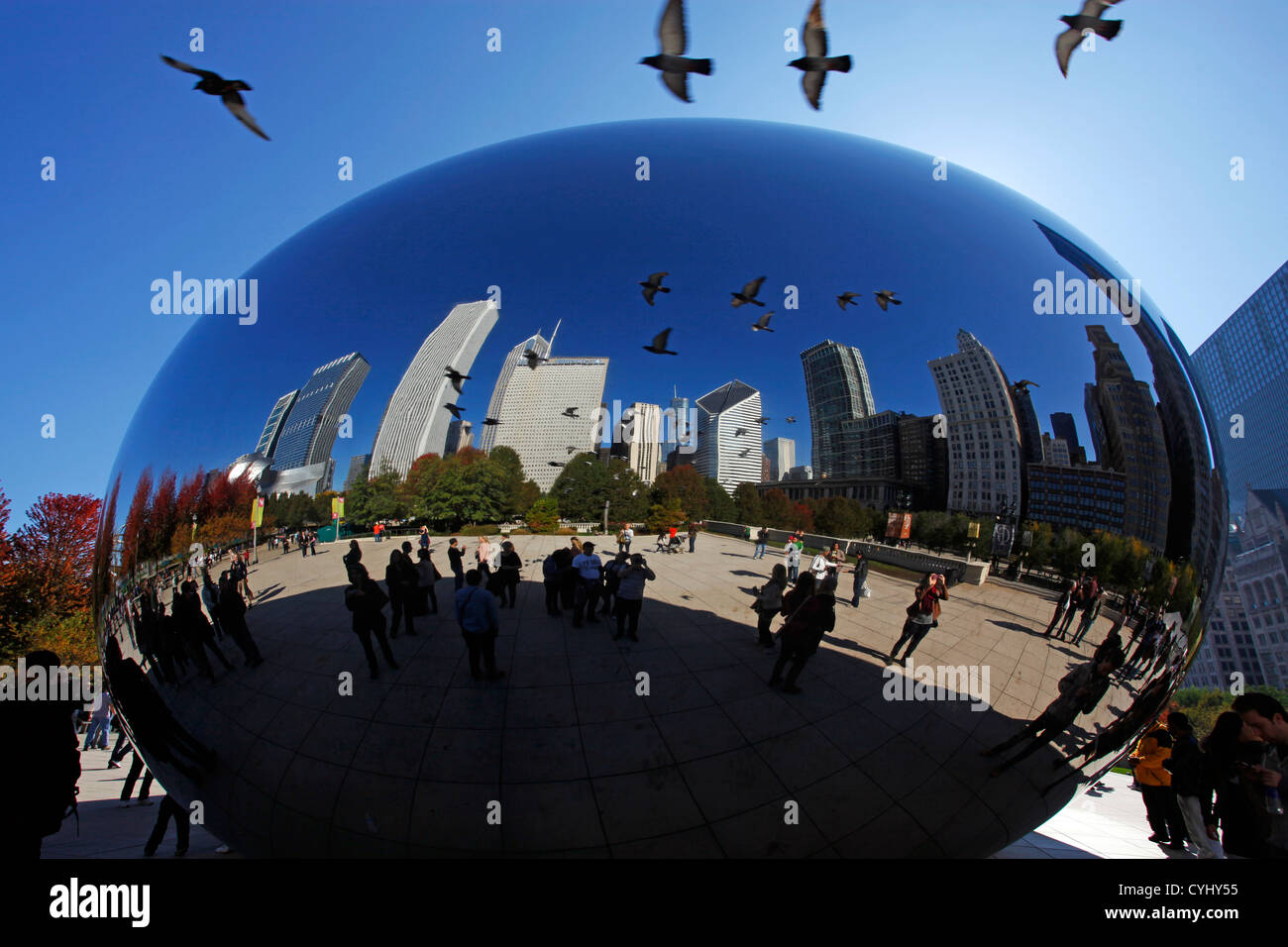 City skyline reflection in the Cloud Gate Sculpture (aka Coffee Bean ...