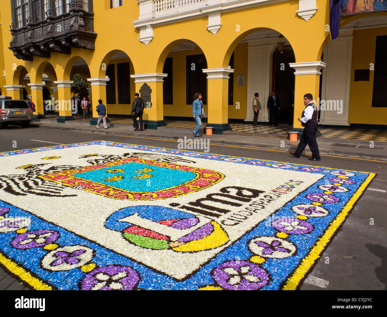 Peru. Lima city. Traditional architecture. Flower Carpet in the Plaza ...