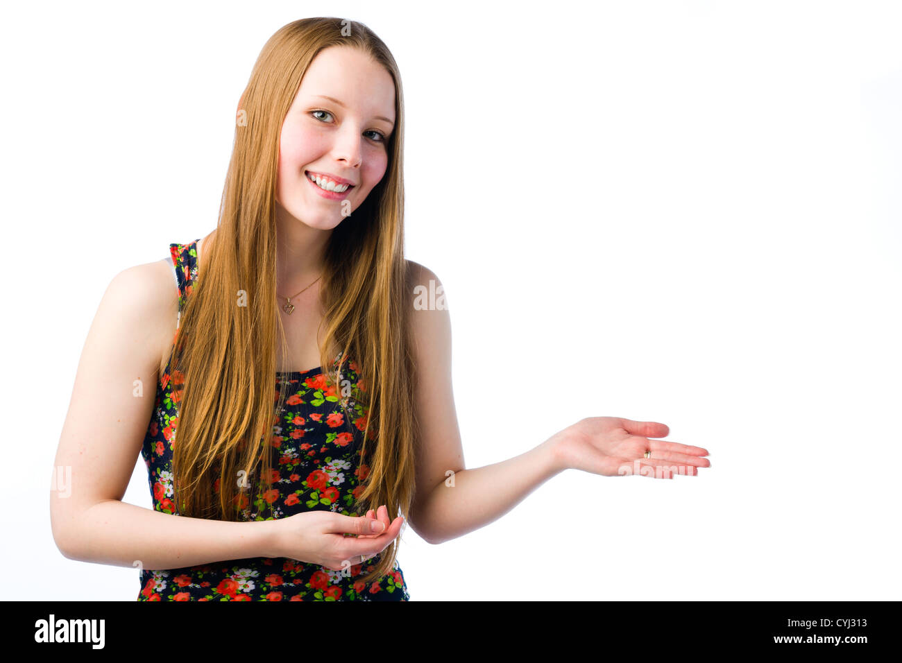 A young beautiful girl showing something with two hands Stock Photo - Alamy
