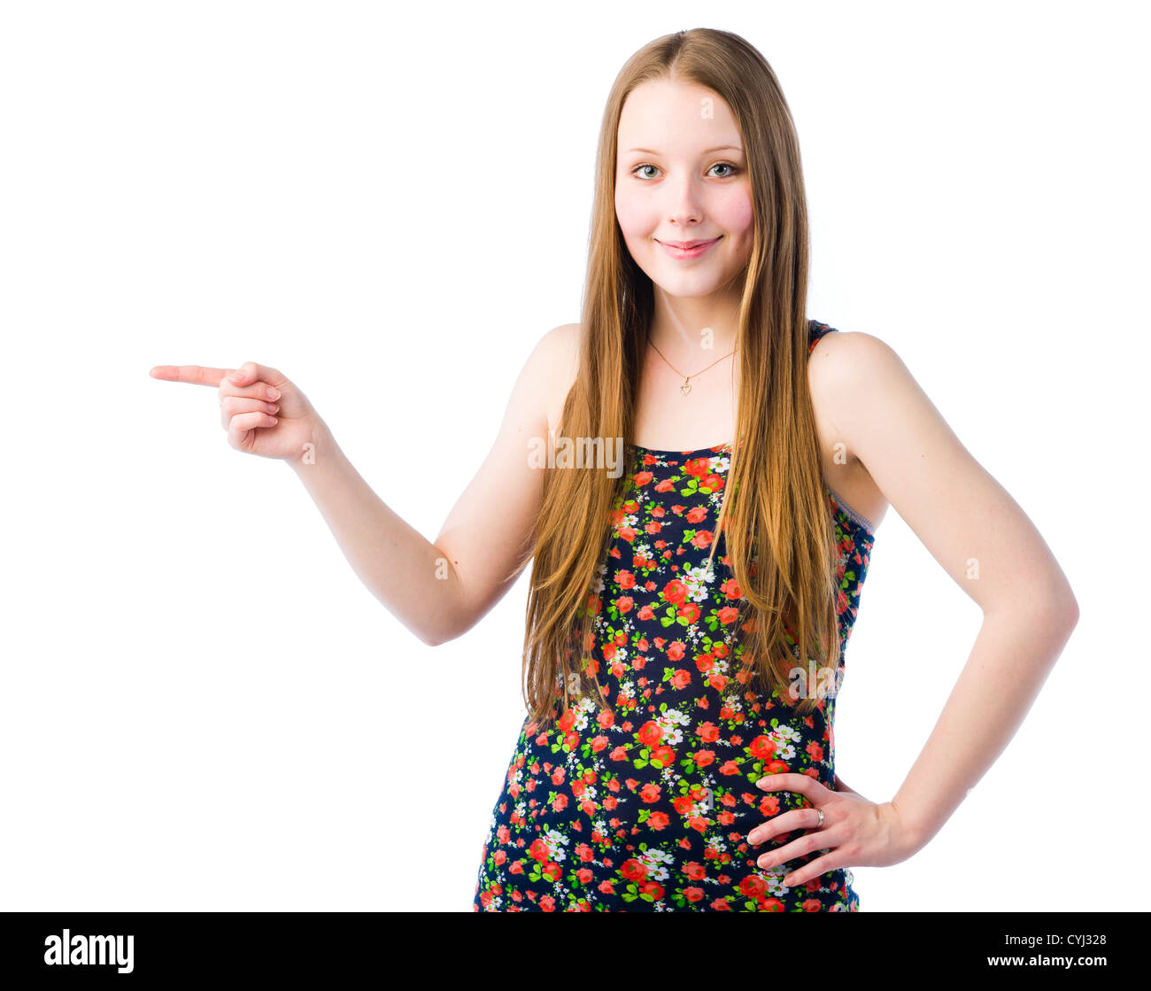 A young beautiful girl smiling and pointing left Stock Photo - Alamy
