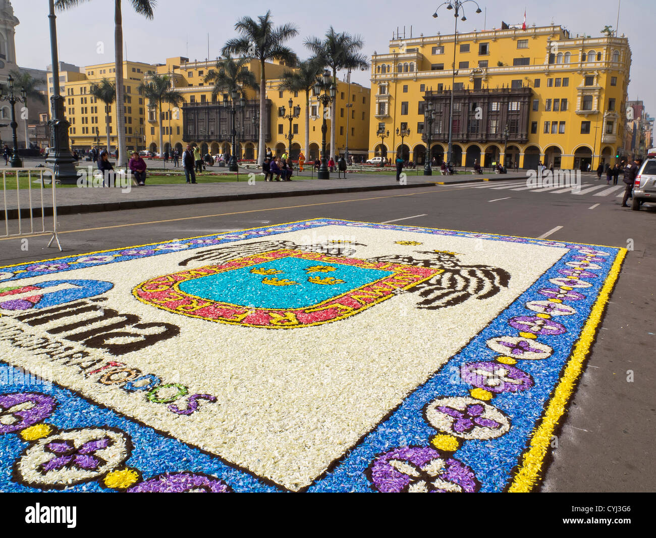 Peru. Lima city. Traditional architecture. Flower Carpet in the Plaza ...