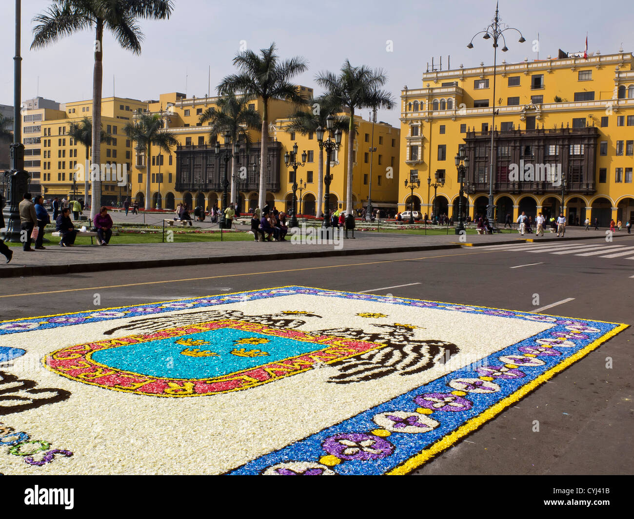 Peru. Lima city. Traditional architecture. Flower Carpet in the Plaza ...