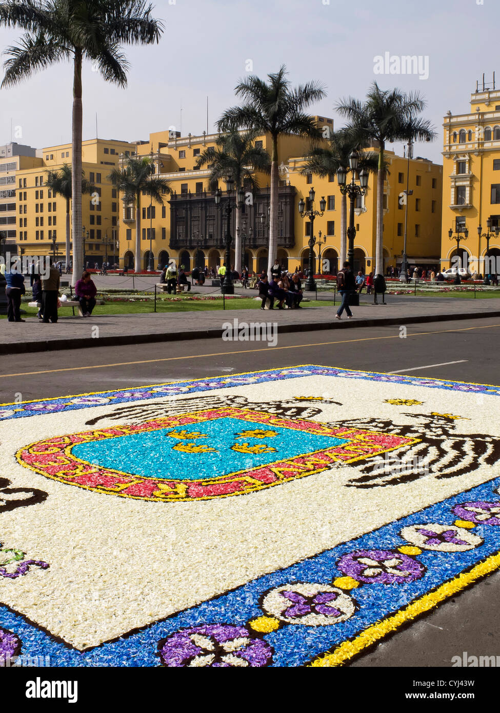 Peru. Lima city. Traditional architecture. Flower Carpet in the Plaza ...
