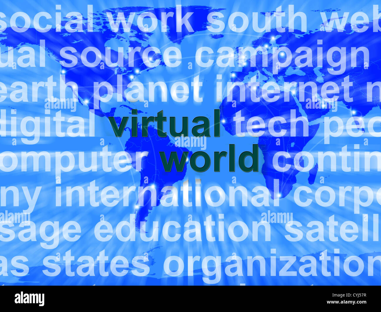 Virtual World Words On Map Showing Global Internet Or Worldwide ...