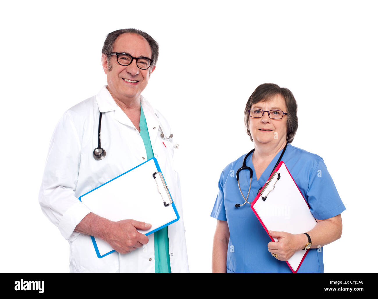 Smiling health care professionals holding patients medical information ...