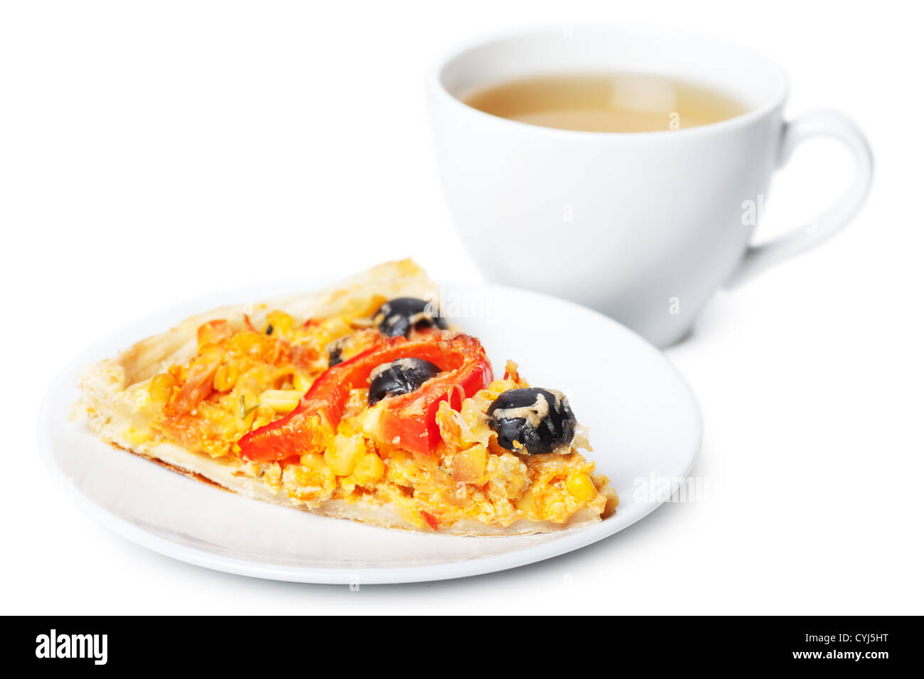A slice of pizza on a plate and a cup of tea Stock Photo - Alamy