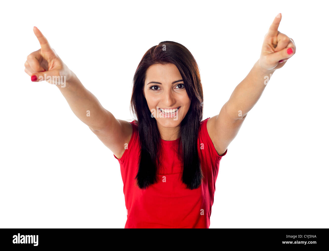 Pretty teenager excited at her success, arms raised Stock Photo - Alamy