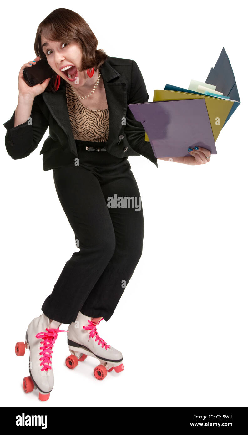Energetic office worker with pink roller skates and telephone Stock ...
