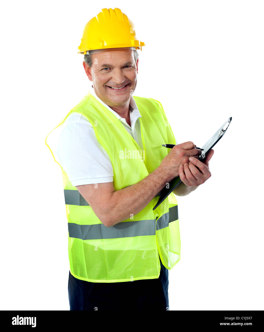 Happy senior construction engineer with safety hat and jacket Stock ...