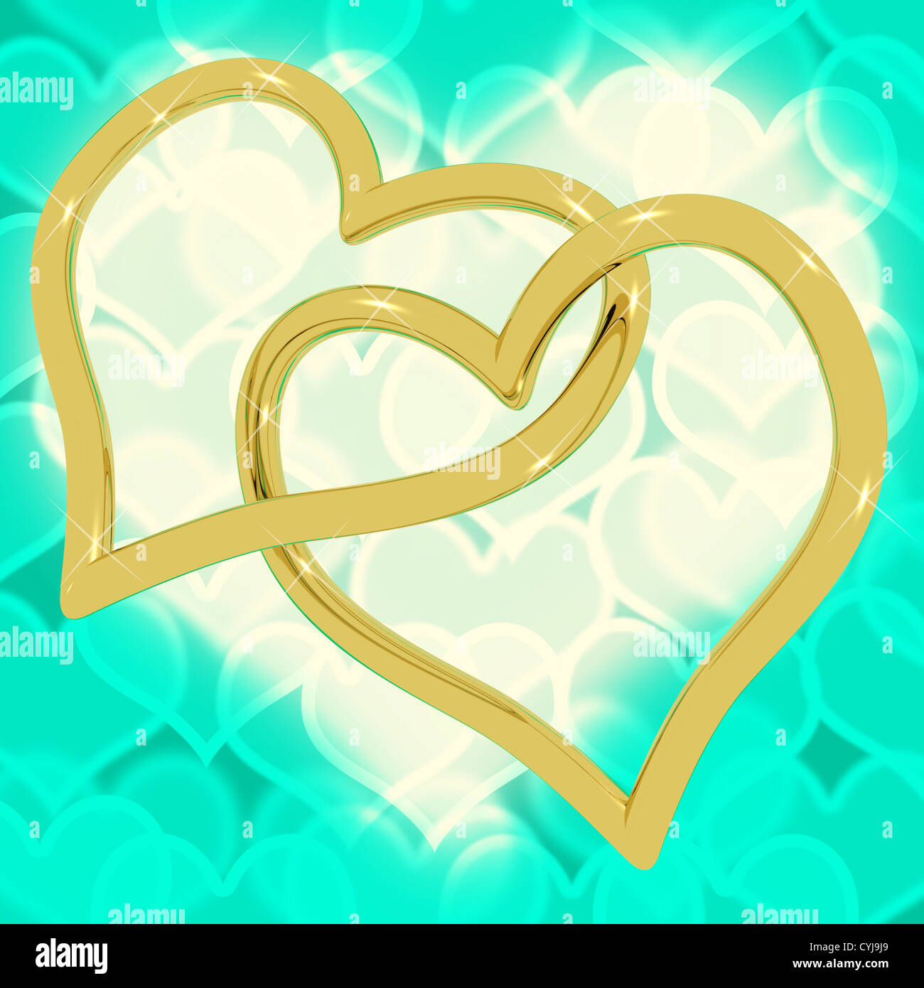 Gold Heart Shaped Rings On Blue Bokeh Represents Love And Romance Stock ...