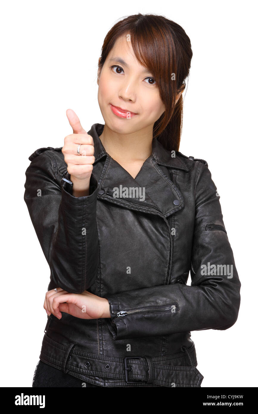 asian woman with thumb up over white background Stock Photo - Alamy