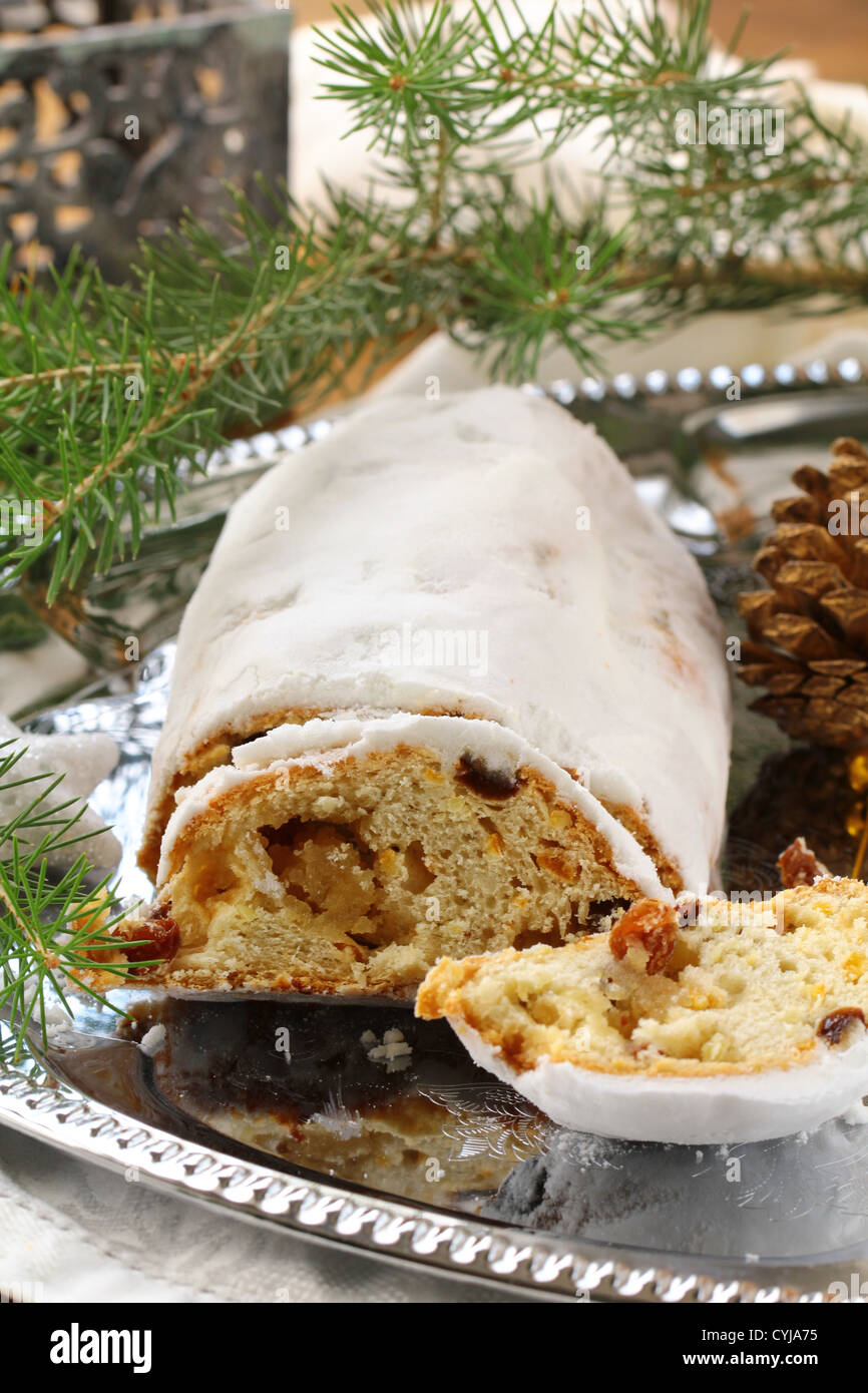 Traditional Christmas stollen with dried fruits Stock Photo - Alamy