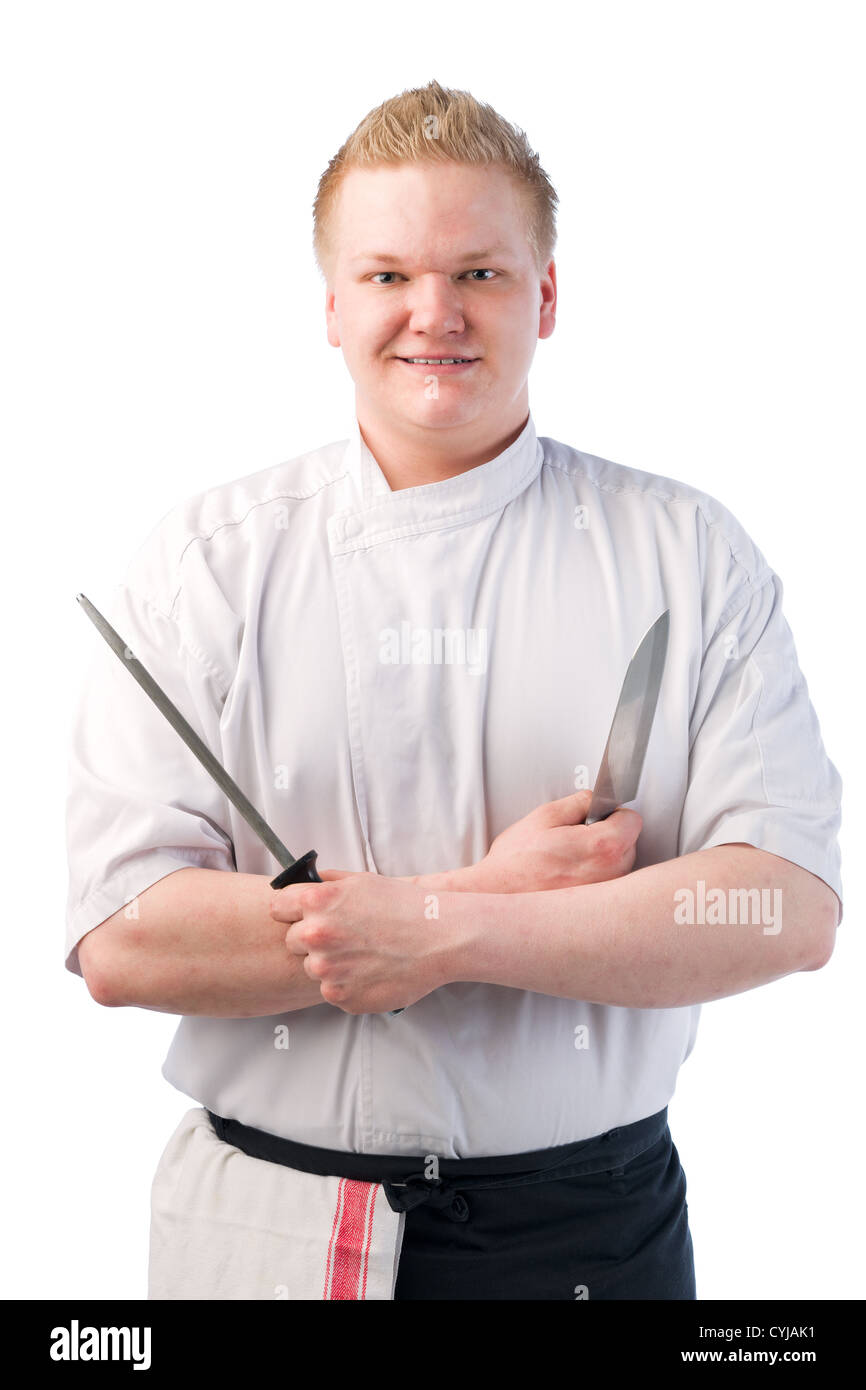 Happy smiling cook holding knife and sharpener Stock Photo - Alamy
