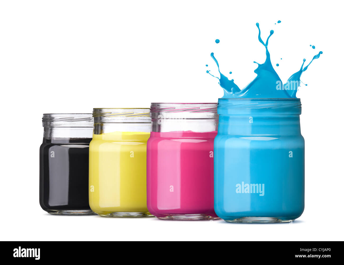 bottles of ink in cmyk colors, cyan with splash Stock Photo - Alamy