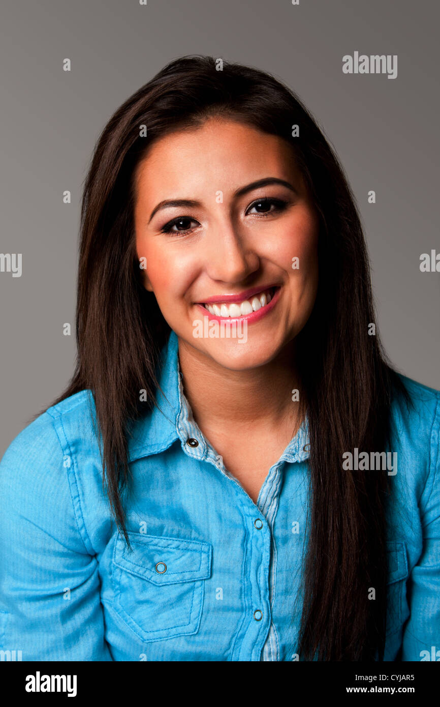 Happy beautiful smiling female student portrait of face with long hair ...