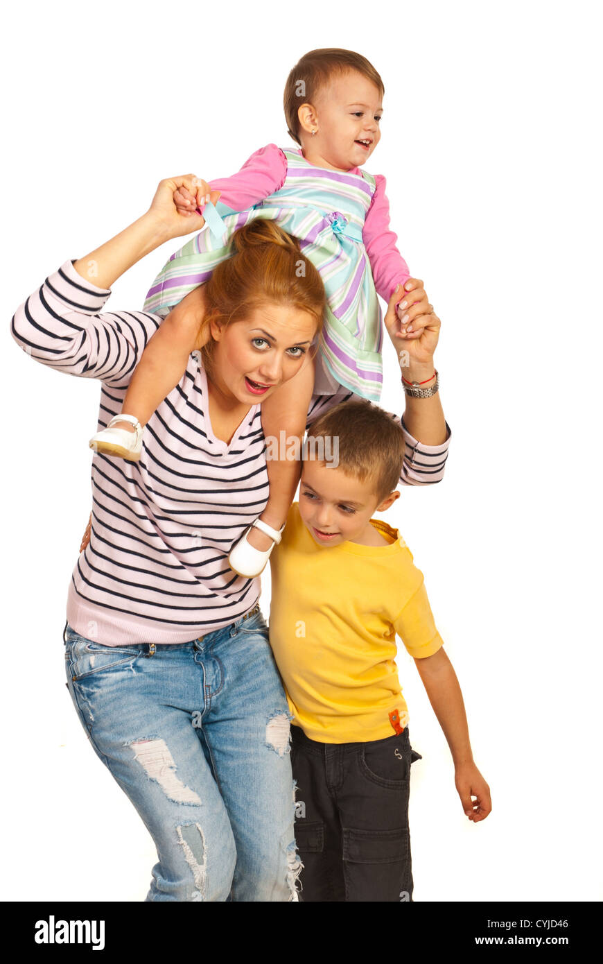 Happy mom having fun with her kids isolated on white background Stock ...