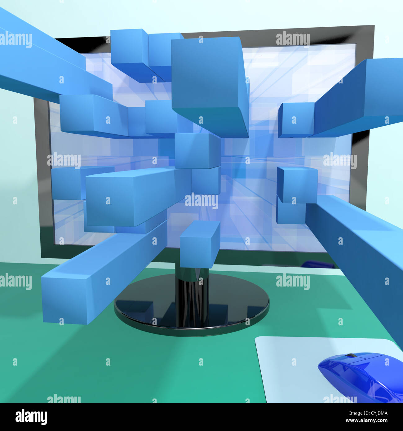 Three Dimensional Squares On Computer Monitor Shows 3d Graphics ...