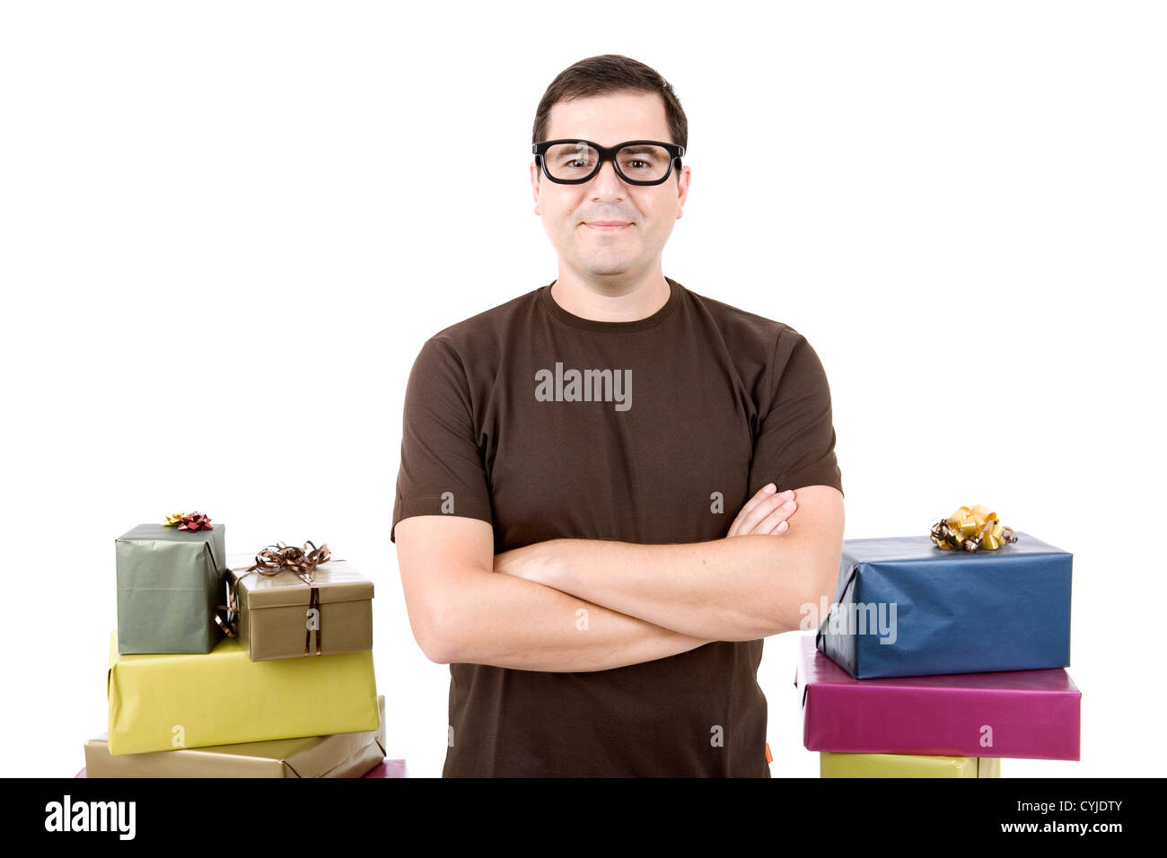 happy silly salesman with some boxes, isolated on white Stock Photo - Alamy