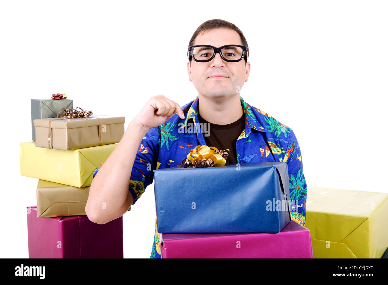 happy silly salesman with some boxes, isolated on white Stock Photo - Alamy