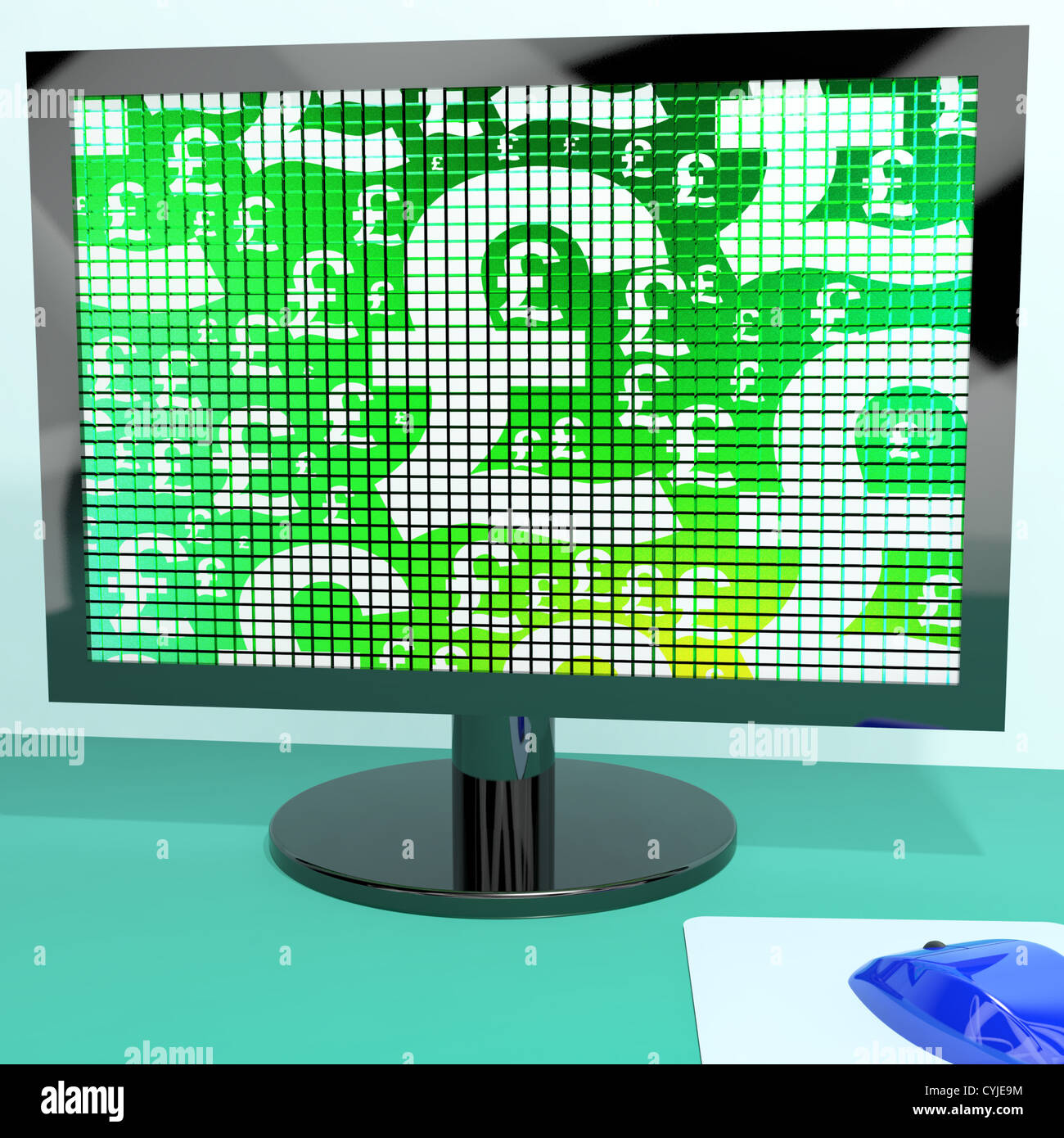 Pound Symbols On Computer Monitor Shows Money And Investment Stock ...