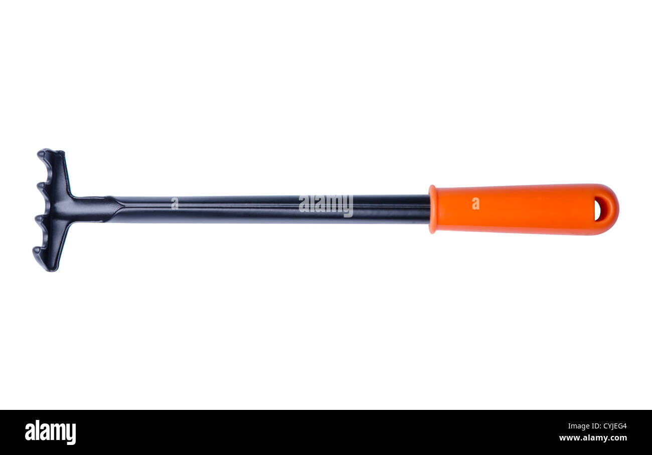 Garden tools rake on white background isolated Stock Photo - Alamy